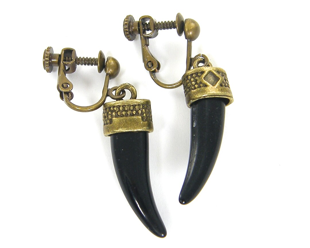 Black Fang Clip on Earrings, Boho Tribal Horn Tooth Talon Clip Earrings ...