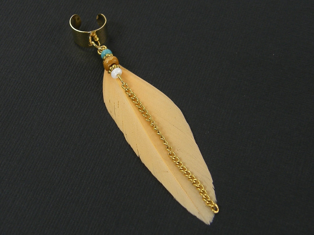 Peach Feather Ear Cuff in Gold; Light Orange and Gold Feather Dangles ...
