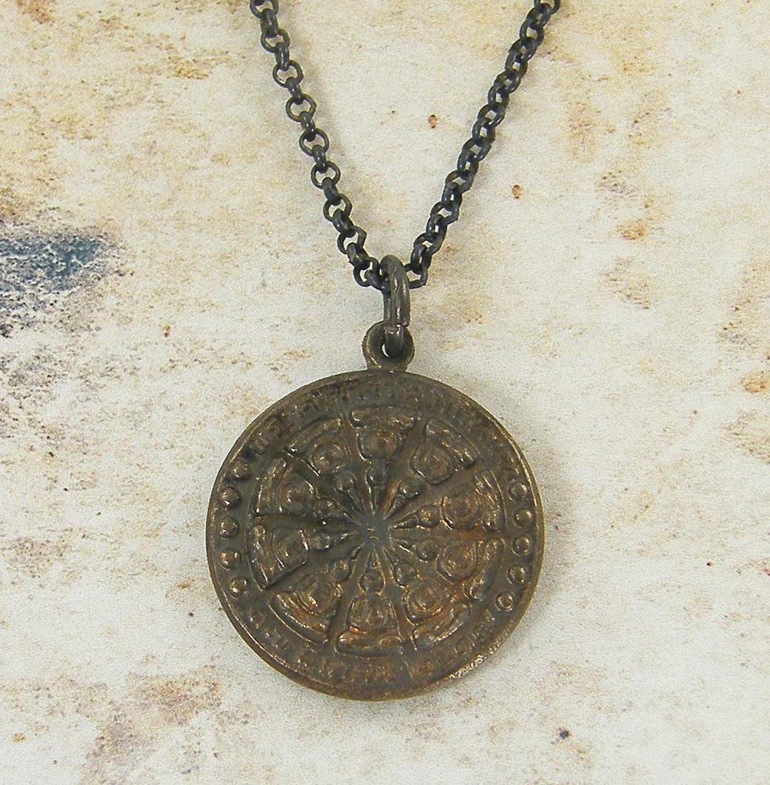 Dark Antique Brass Dharma Wheel Necklace, Reversible Buddha Wheel Charm ...