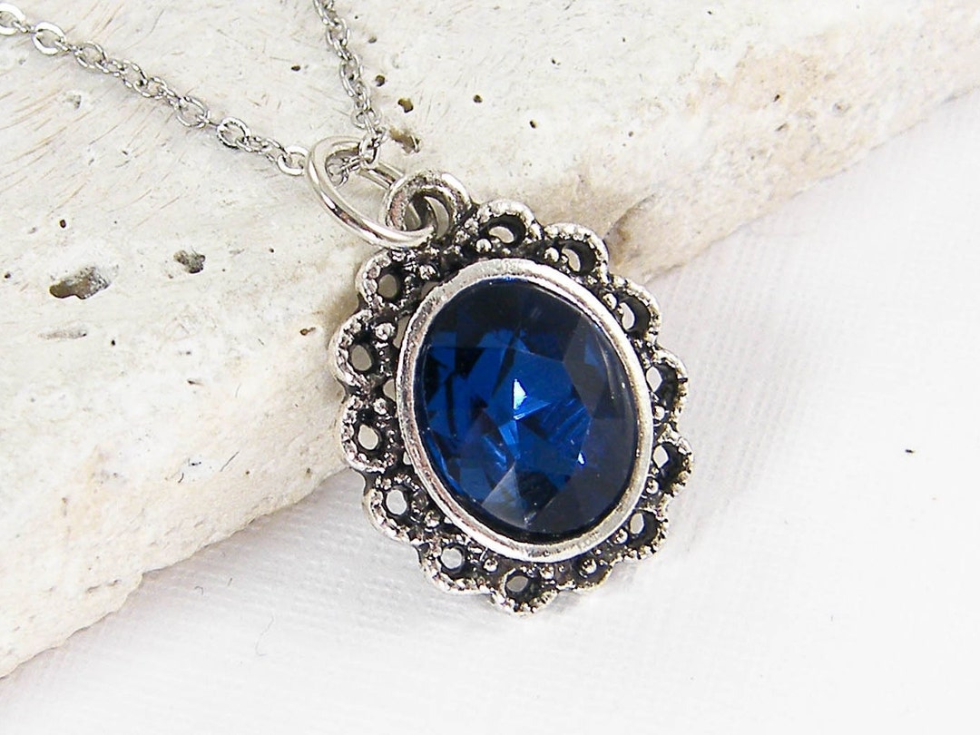 Blue Crystal Necklace, Small Navy Blue Necklace, Sapphire Blue Necklace ...