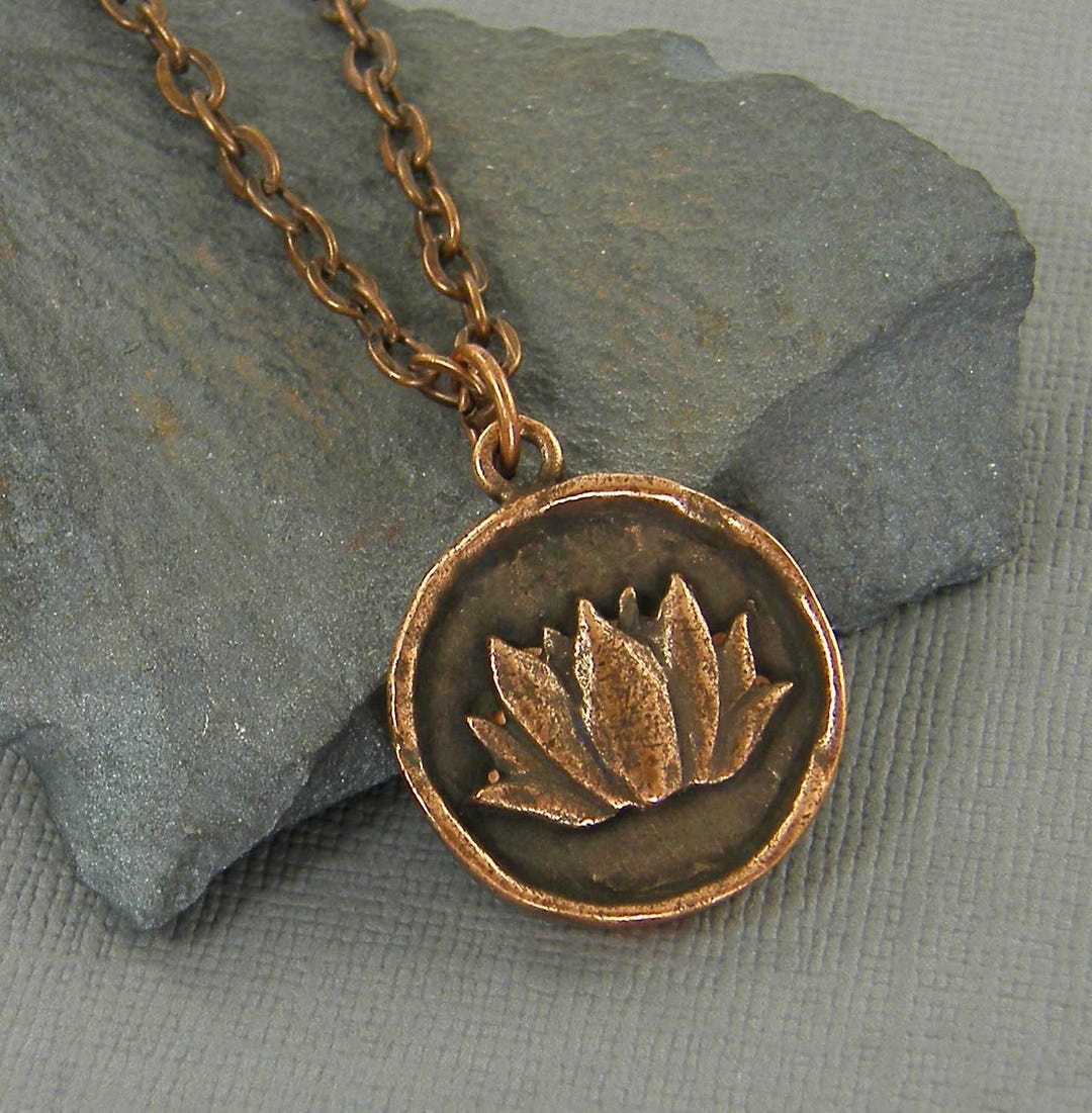 Copper Lotus Flower Necklace, Round Copper Lotus Blossom Pendant ...