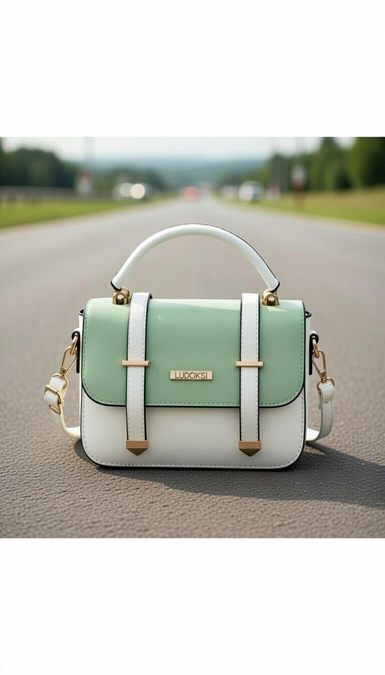 Buy Sage Green Leather Handbag – White Top Handle Purse, Italian Design ...