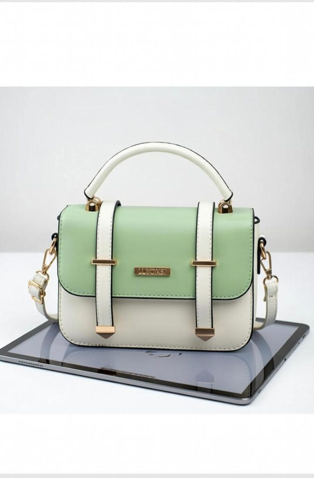 Buy Sage Green Leather Handbag – White Top Handle Purse, Italian Design ...