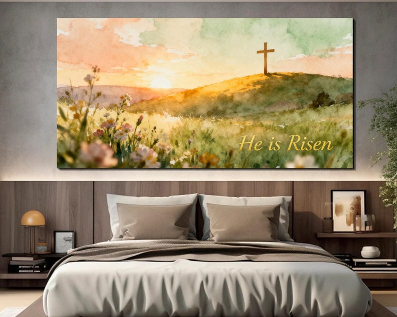 Christian Easter Cross Art, Watercolor Faith Landscape (digital ...