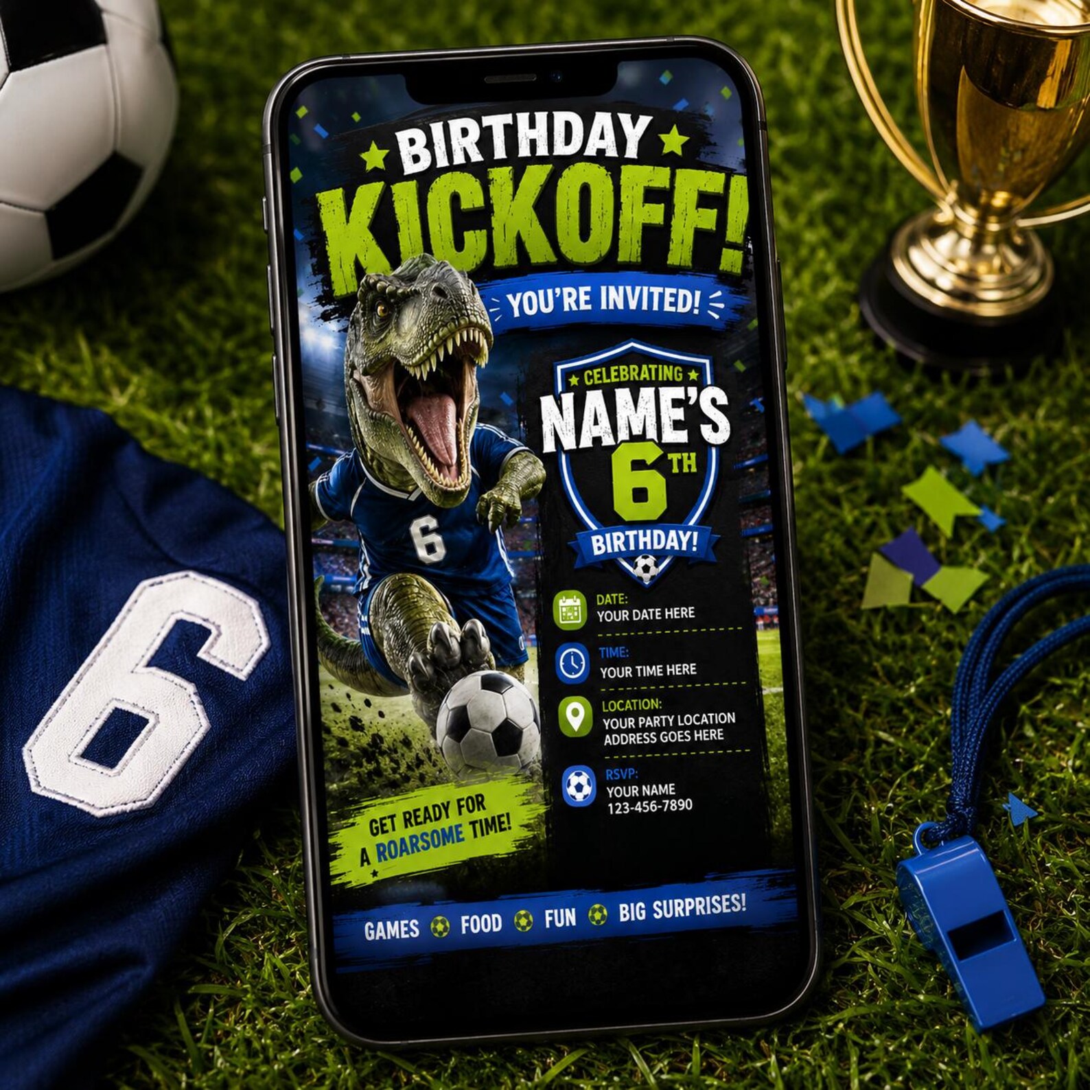Dinosaur Soccer Birthday Invitation | Birthday Kickoff T-rex Boy Party ...