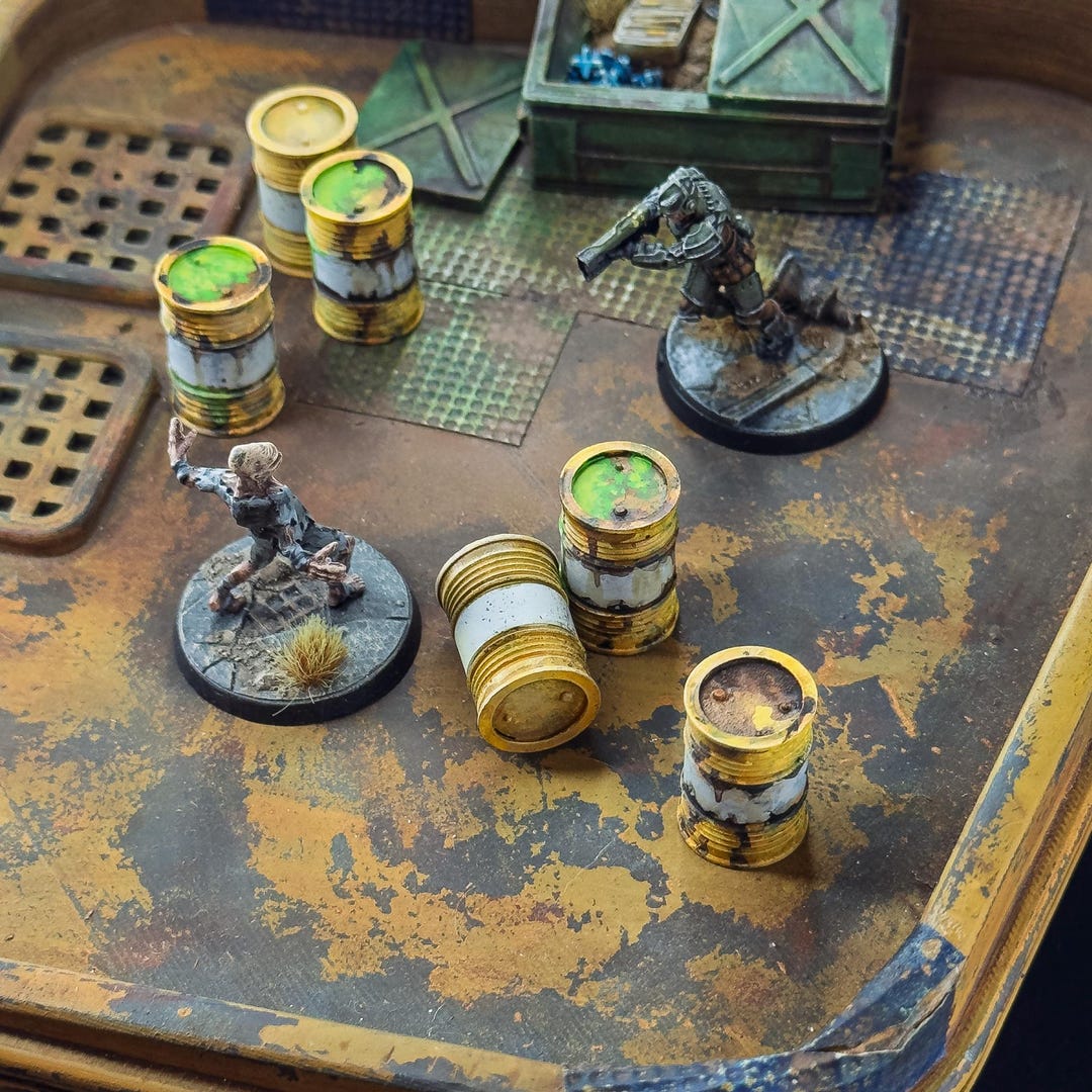 Hand Painted Toxic Barrels Diorama Terrain — Post-apocalyptic Scene for ...