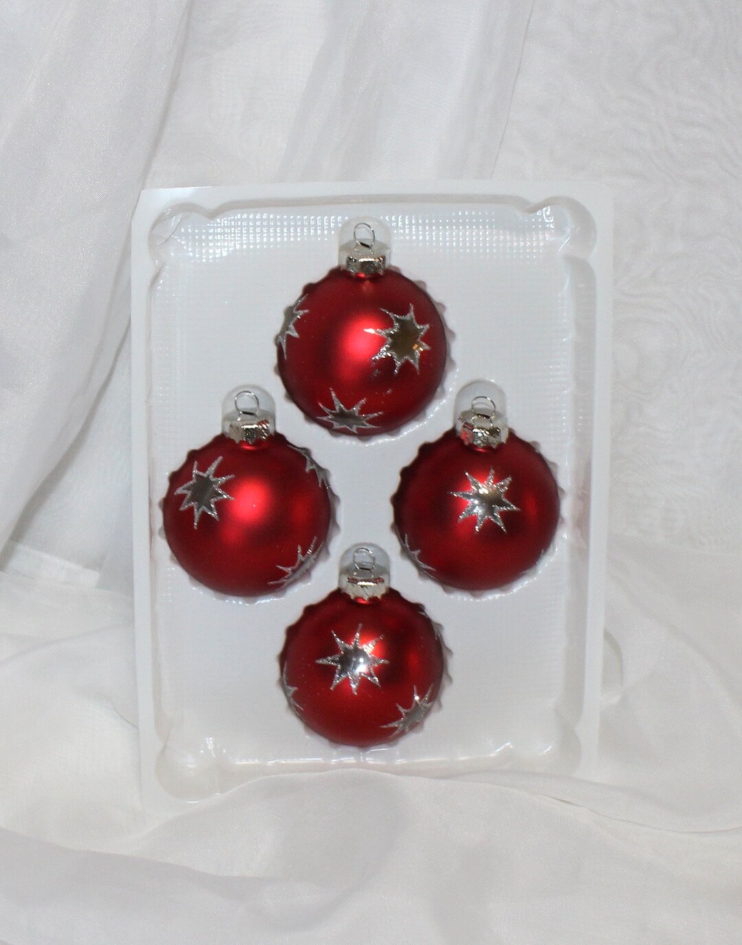 Vintage Set of 4 Red Satin and Silvery Gray With Silver Glitter Glass ...