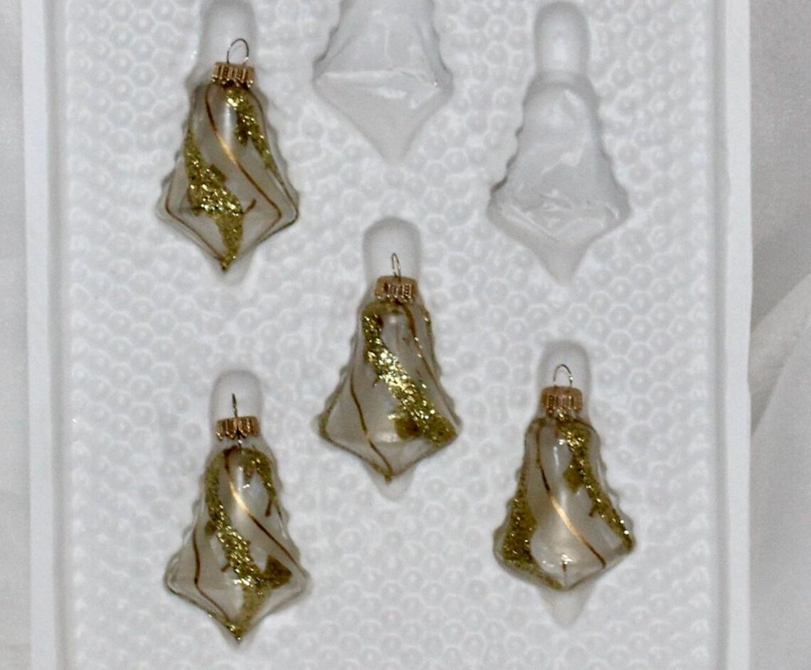 Vintage Set of 4 Tiny Delicate Gold Glitter on Frosted Glass Bell ...