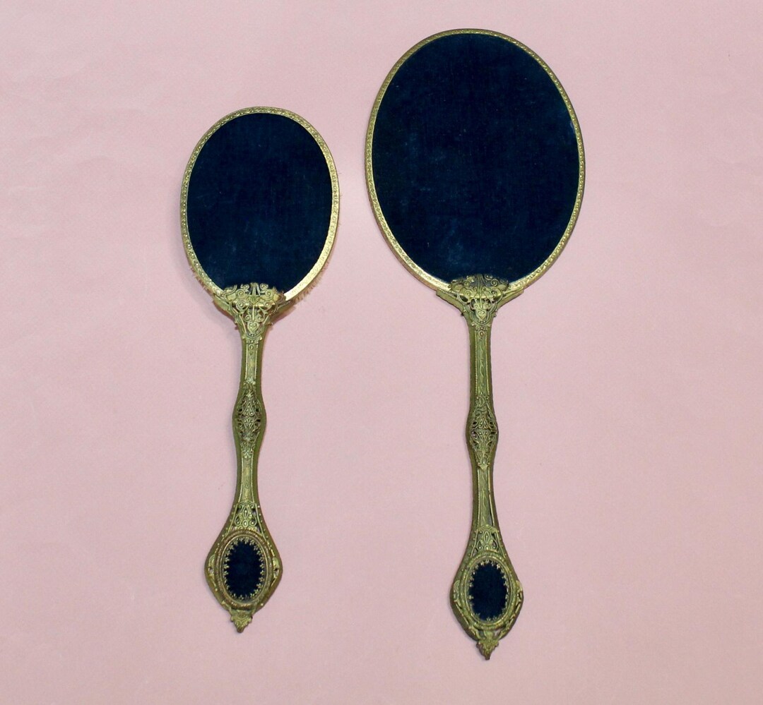 Antique Victorian Dark Blue Velvet and Brass Filigree Brush and Mirror ...