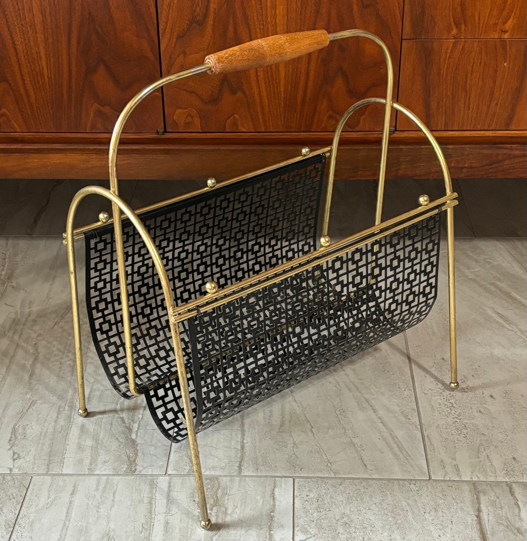 Vintage Brass and Black MCM Metal Mesh Magazine Rack - Etsy