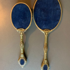 Antique Victorian Dark Blue Velvet and Brass Filigree Brush and Mirror ...
