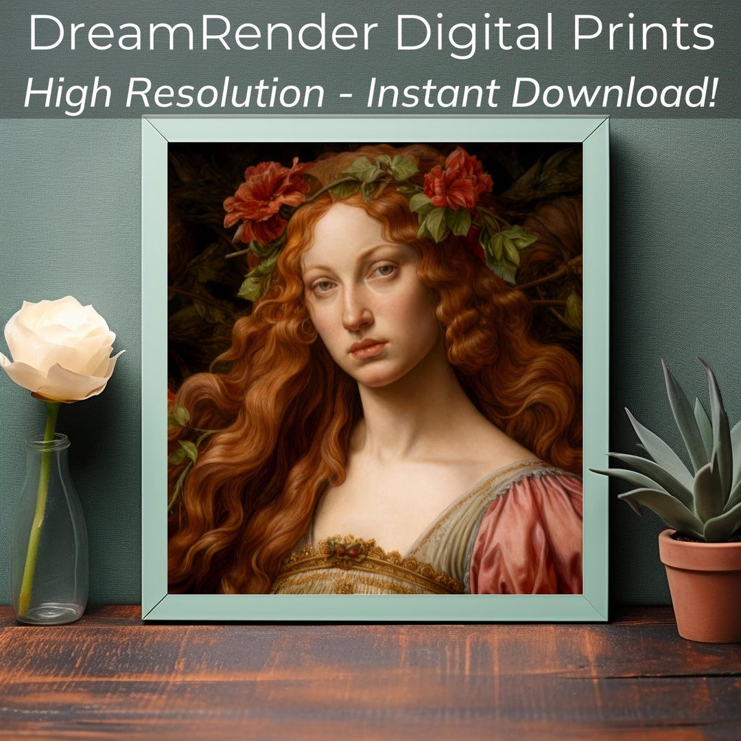 Enchanting Portrait of a Serene Woman With Flowing Red Hair and Floral ...