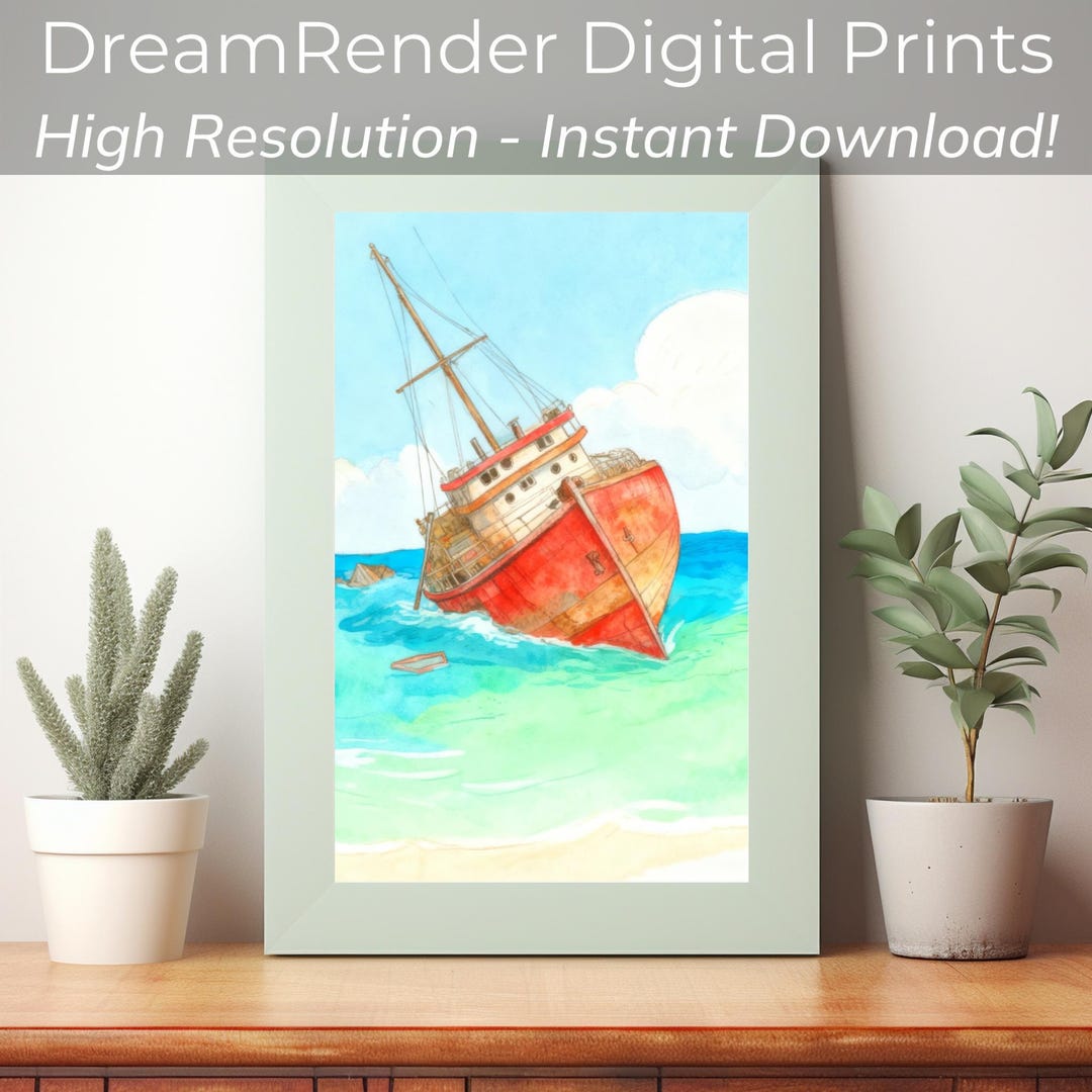 Vintage Shipwrecked Boat Watercolor Art - Coastal Nautical Print ...