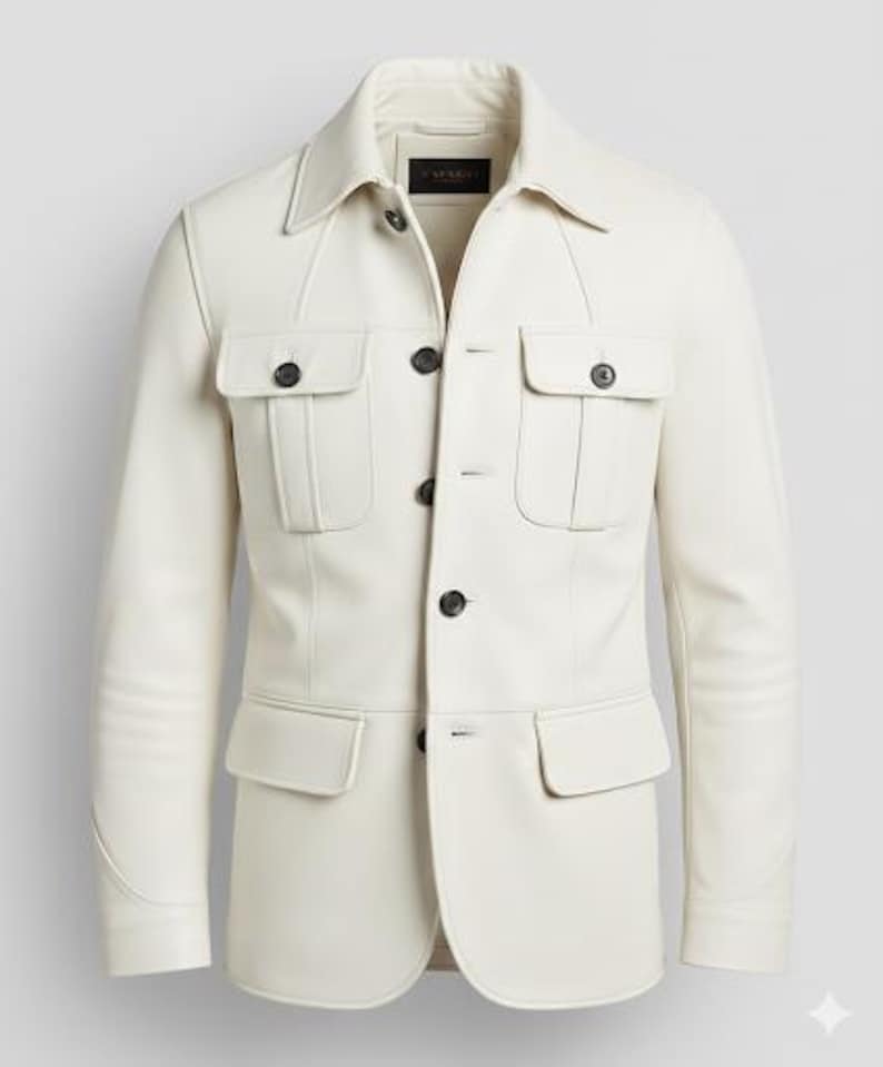 Men’s Luxury Leather Safari Jacket - White Leather Field Coat With Four ...