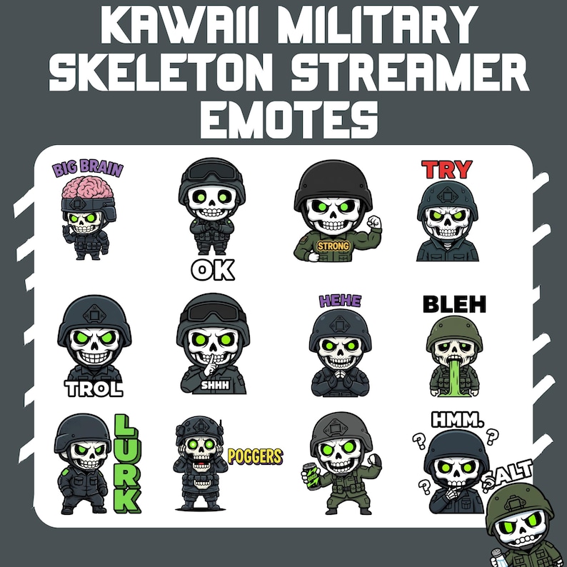 Skull Soldier Twitch Emotes Pack | Kawaii Military Skeleton Streamer ...