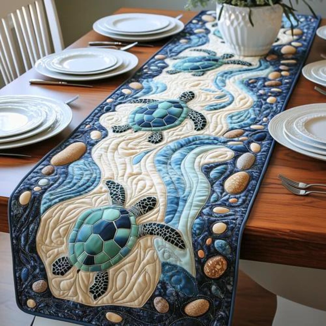 Sea Turtle Table Runner, Coastal Ocean Wave Nauticalскому Dining Table ...