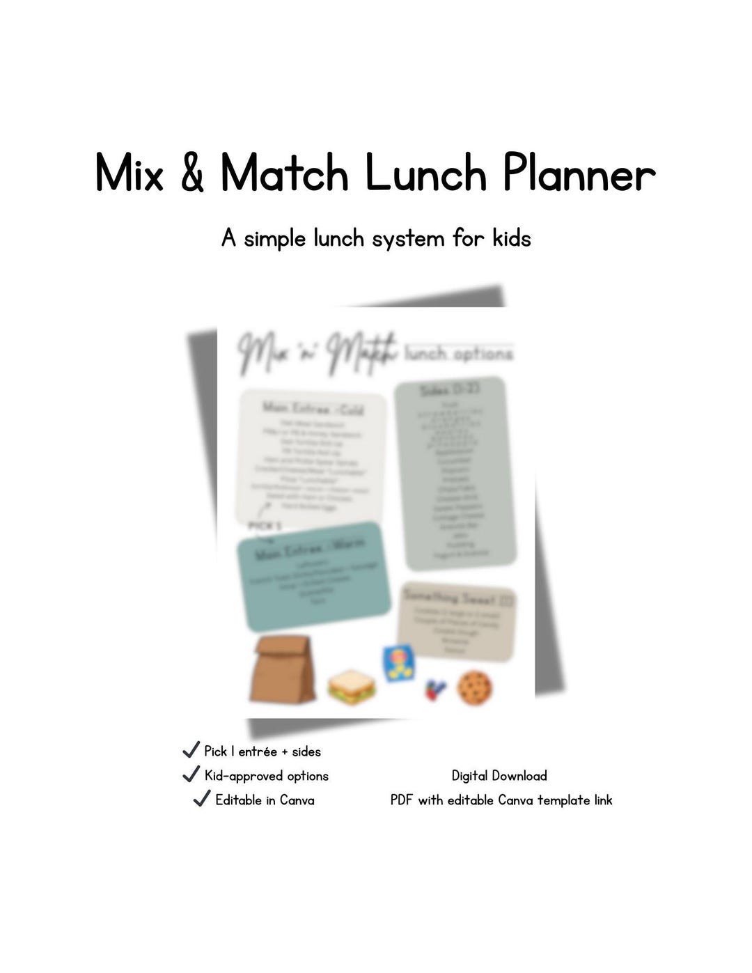 Mix & Match Lunch Planner Printable | Editable Canva Lunch Chart | Kid ...