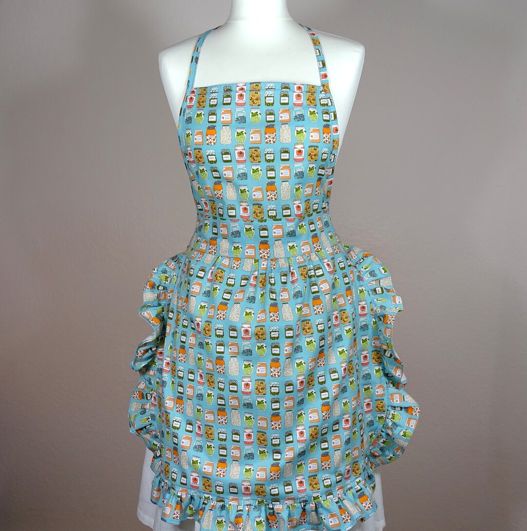 Womens Full Apron Pin-up Retro Style Turquoise Blue Pantry Jar Print ...