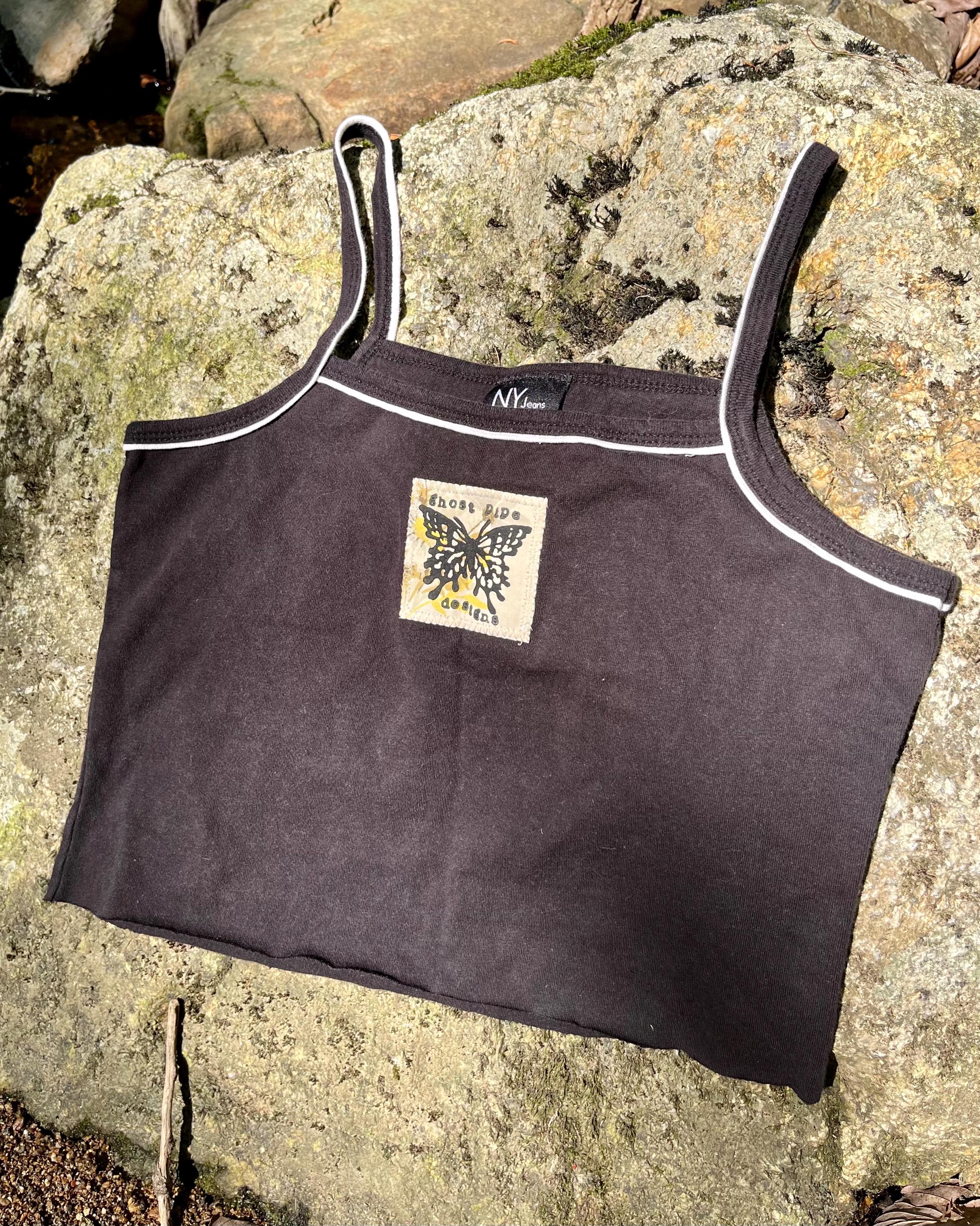 Upcycled Cropped Black Spaghetti Strap Tank With Handmade Butterfly ...