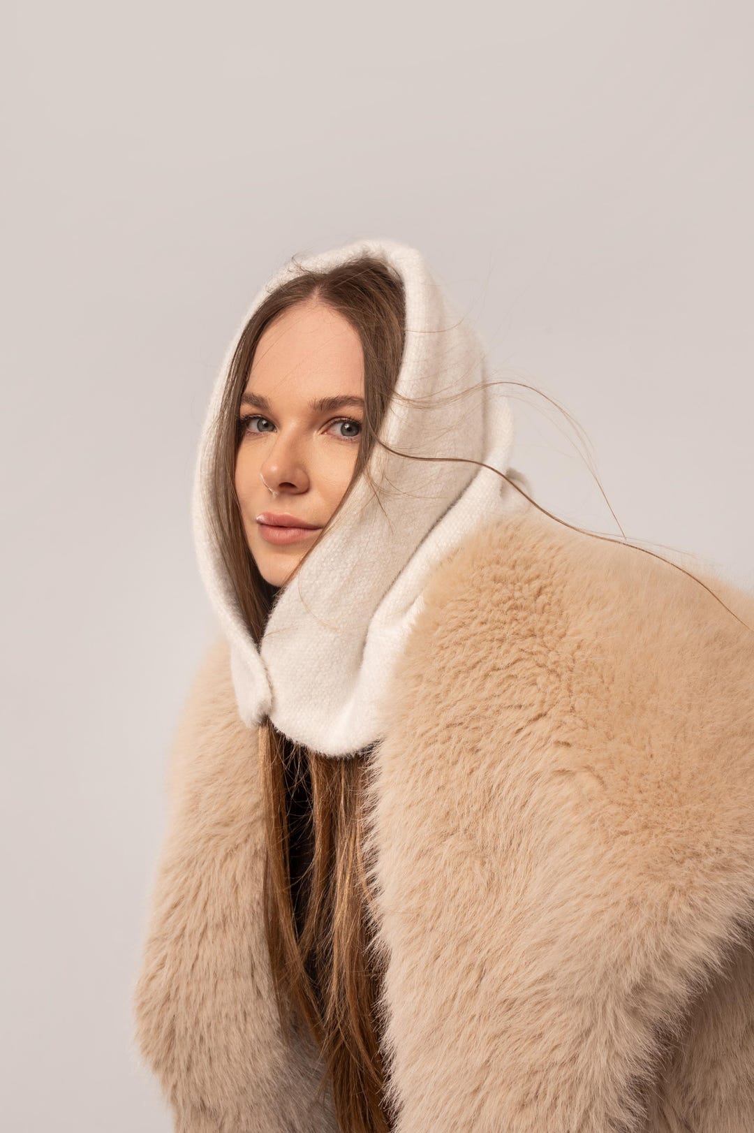 Head Scarf Angora Knit, Warm Head Scarf With Snap Closure in Milk ...