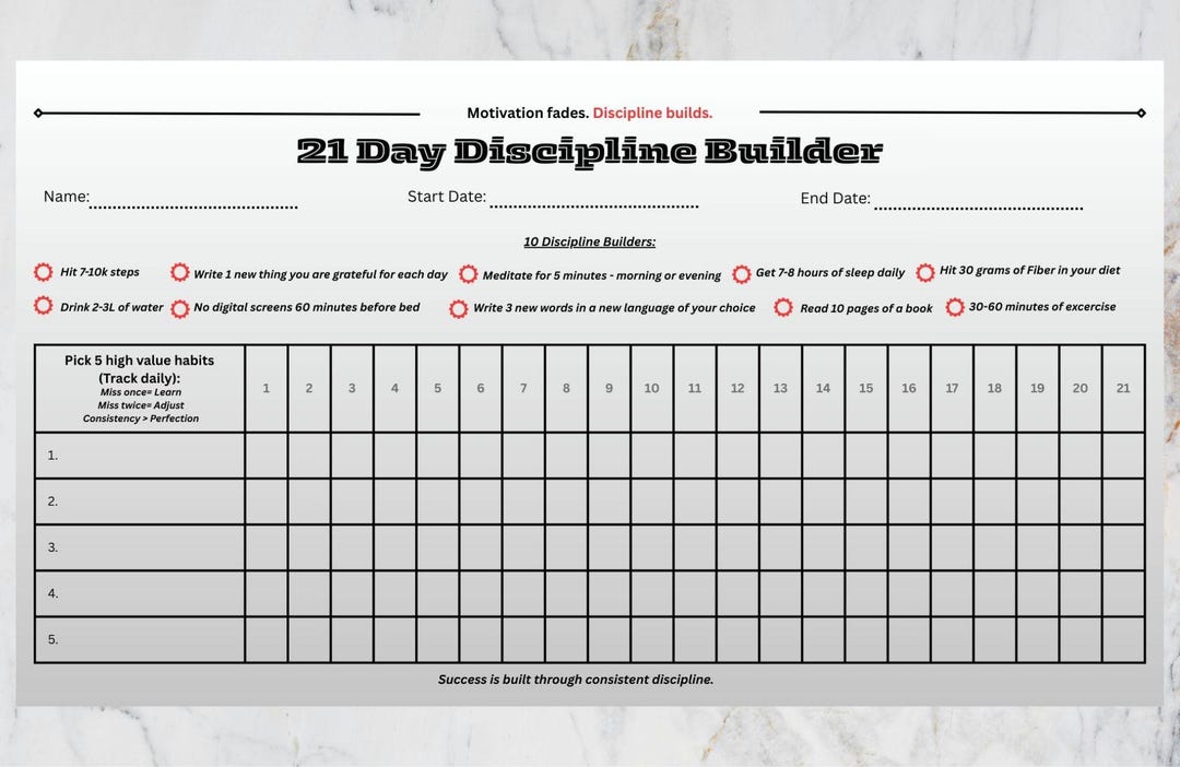 21 Day Discipline Builder | Printable & Digital Habit Tracker | Build ...