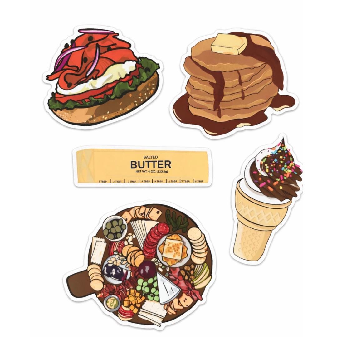 Foodie Themed Vinyl Sticker Set - Bagel, Pancakes, Charcuterie, Butter ...