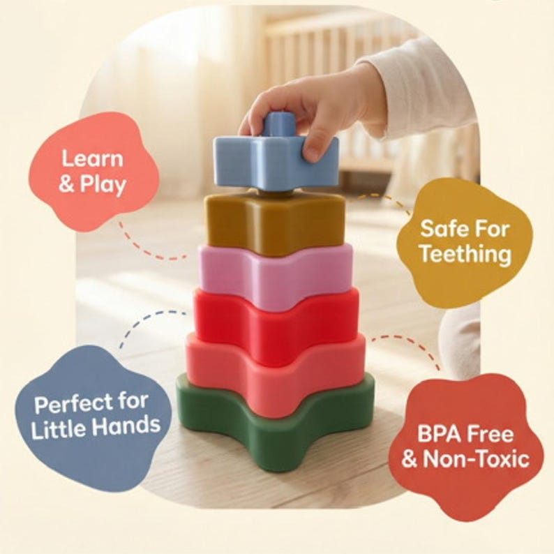 Silicone Stacking Stars Montessori Toy – Baby Toddler Sensory Stacker ...