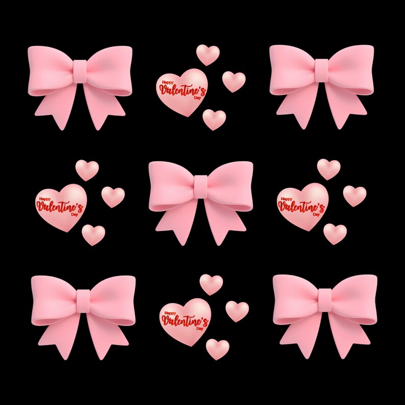 Pink Valentine Hearts & Bows 3D PNG Clipart | Sublimation Design ...