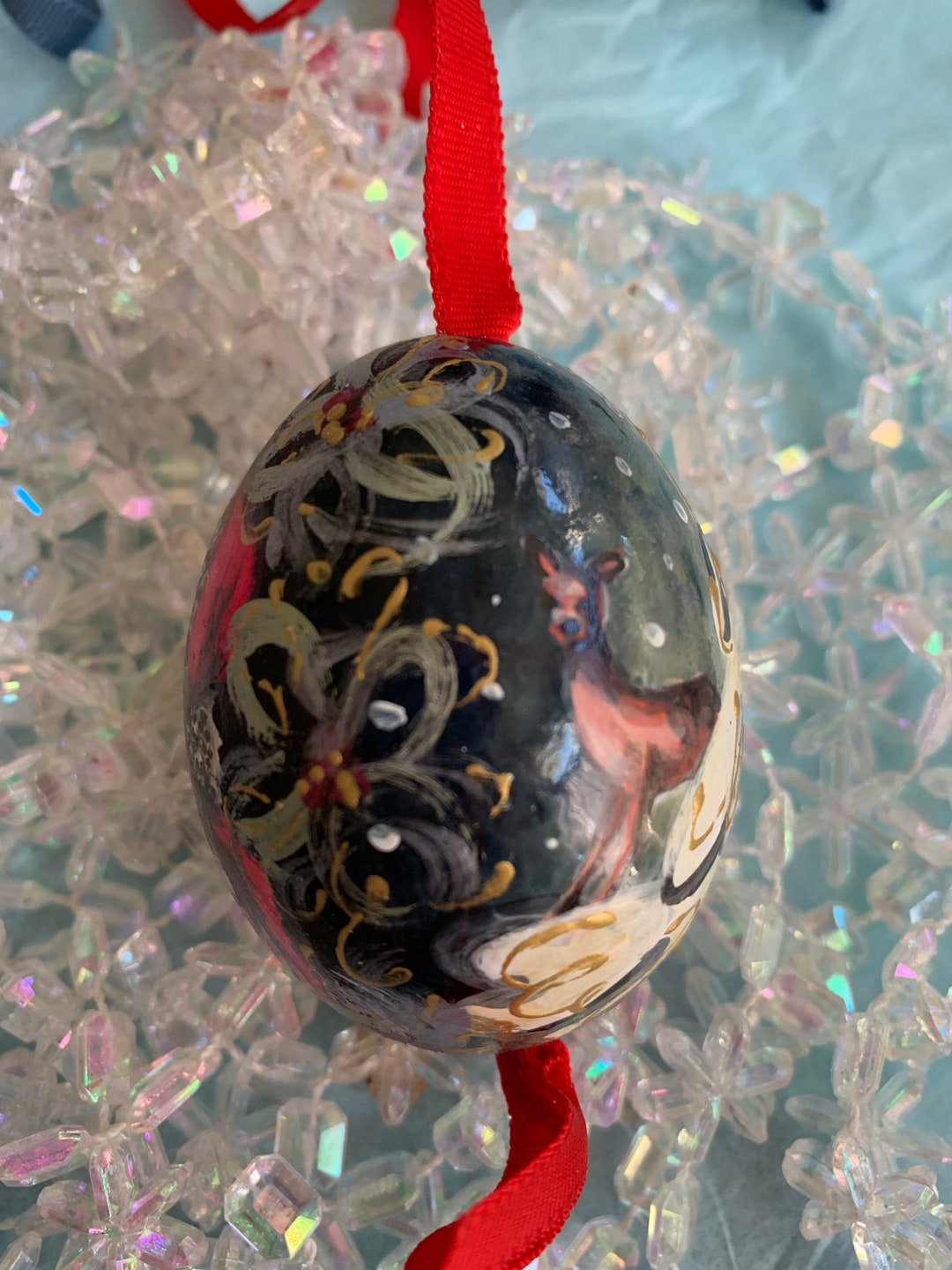 Real Egg Hand Painted Nighttime Santa and Wintry Deer and Tree ...