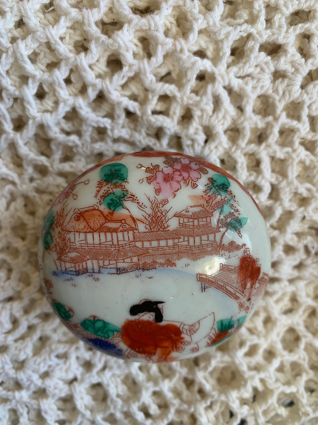 Vintage Japanese Porcelain Trinket Box - Geisha at Bridge - Etsy