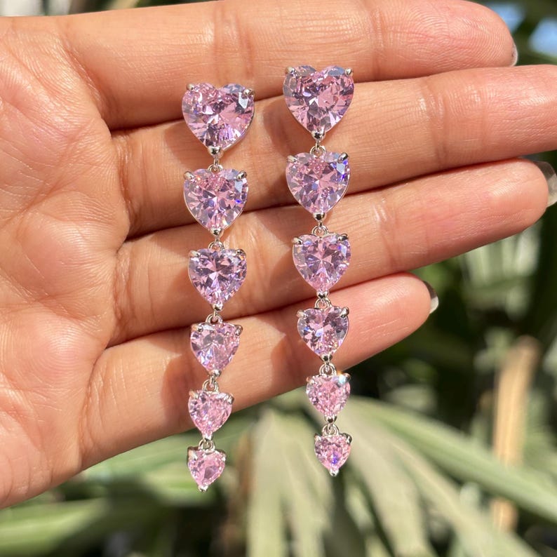 Pink Diamond Earrings Heart Shape Long Dangle Statement Moissanite Pink ...
