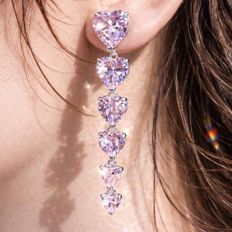 Pink Diamond Earrings Heart Shape Long Dangle Statement Moissanite Pink ...