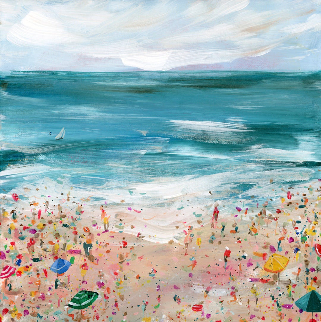 Beach Art Print, Beach Painting, Ocean Art, Landscape Painting, Crowded ...