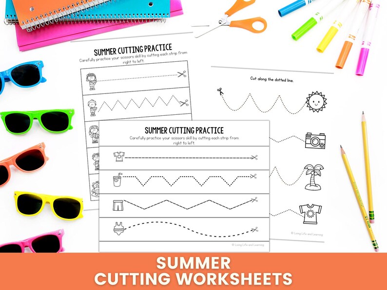 Summer Cutting Worksheets for Kids, Scissor Skills Printable, Preschool ...