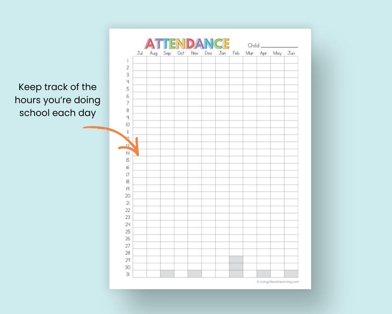 Homeschool Attendance Sheet Printable, Monthly Attendance Tracker, Kids ...