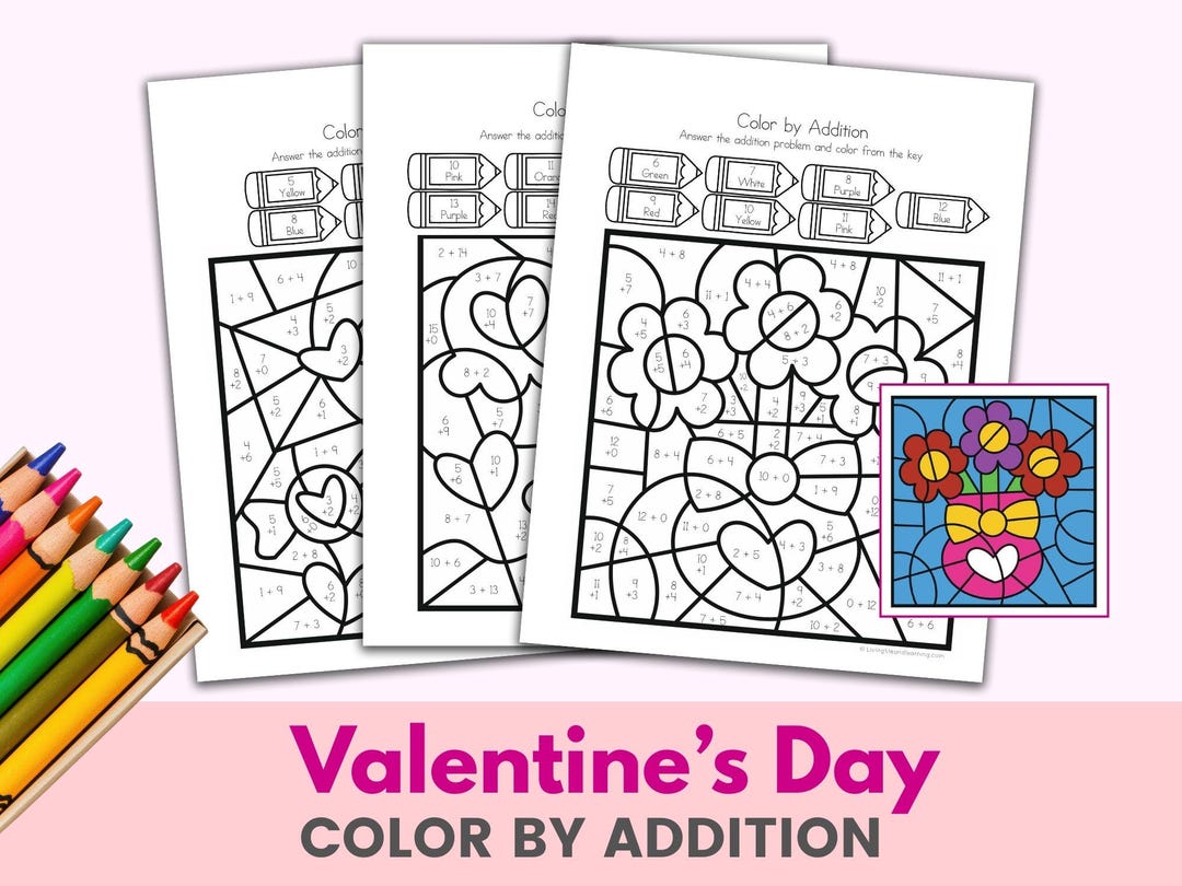 Valentine’s Day Color by Addition Worksheets | Valentine Math Coloring ...