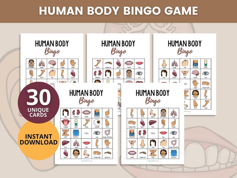 Printable Human Body Bingo Game | Anatomy Bingo for Kids | 30 Unique ...