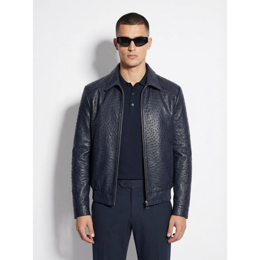 Genuine Ostrich Quill Leather Men's Navy Blue Luxury Handmade Bomber ...