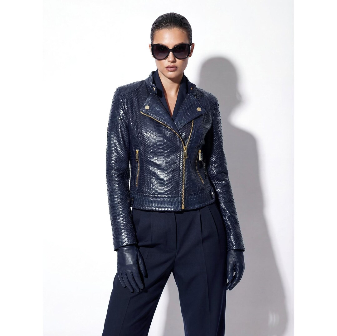 Exotic Navy Blue Genuine Python Skin Biker Jacket - Cropped Motorcycle ...