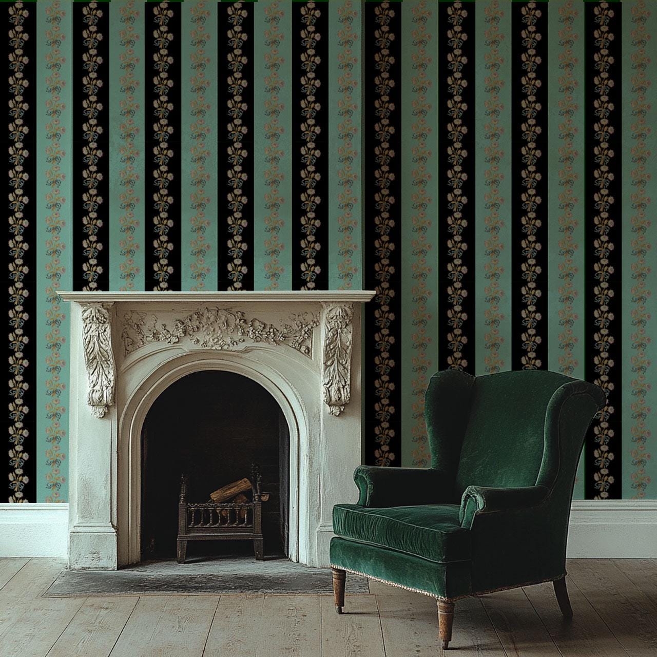A4 SAMPLE Chateau Stripe Ink and Mint Wallpaper, Luxury Wallpaper, Home ...