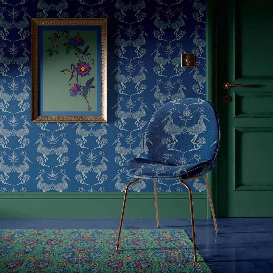 Lotus Egyptian Blue Wallpaper, Wall Decor, Dark Decor, Luxury Wallpaper ...