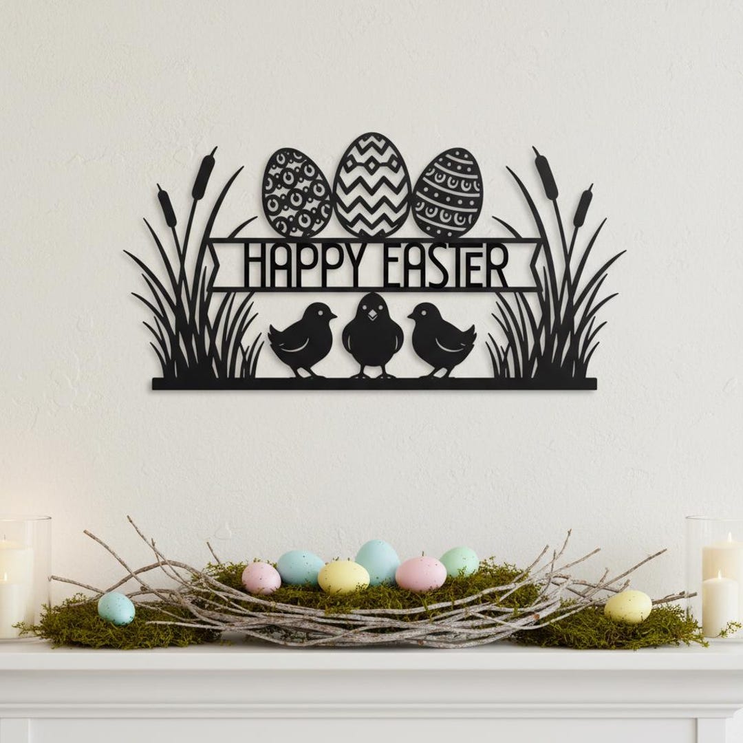 Happy Easter Metal Wall Art With Chicks and Eggs, Spring Garden Fence ...