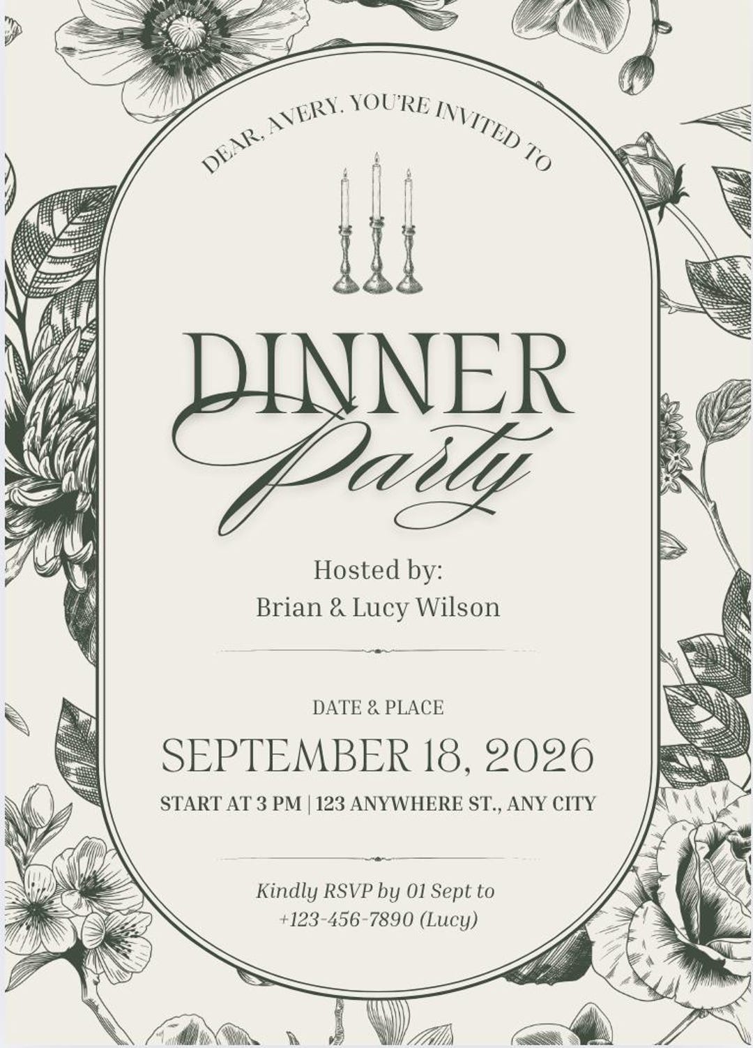 Elegant Floral Dinner Party Invitation Template – Editable Canva ...
