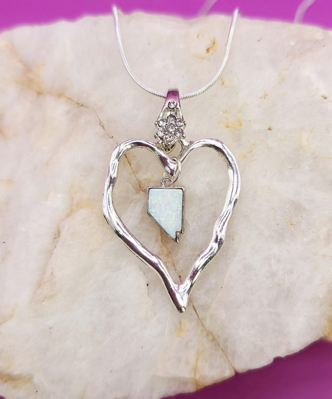Nevada Open Heart Jewelry Necklace, White Fire Opal Pendant - Etsy
