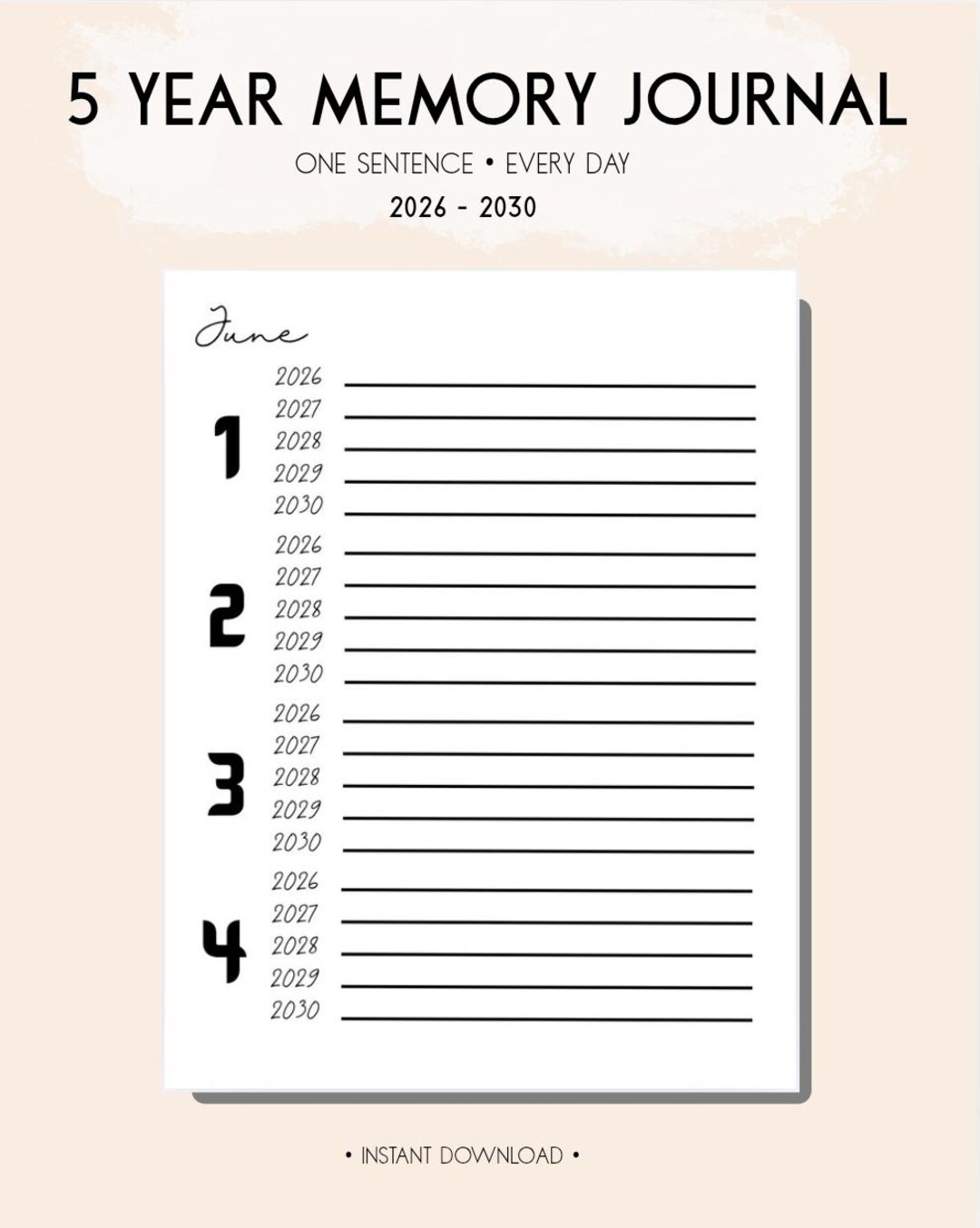 Line A Day 5 Year Journal Printable 2026–2030 | One Line a Day Memory ...
