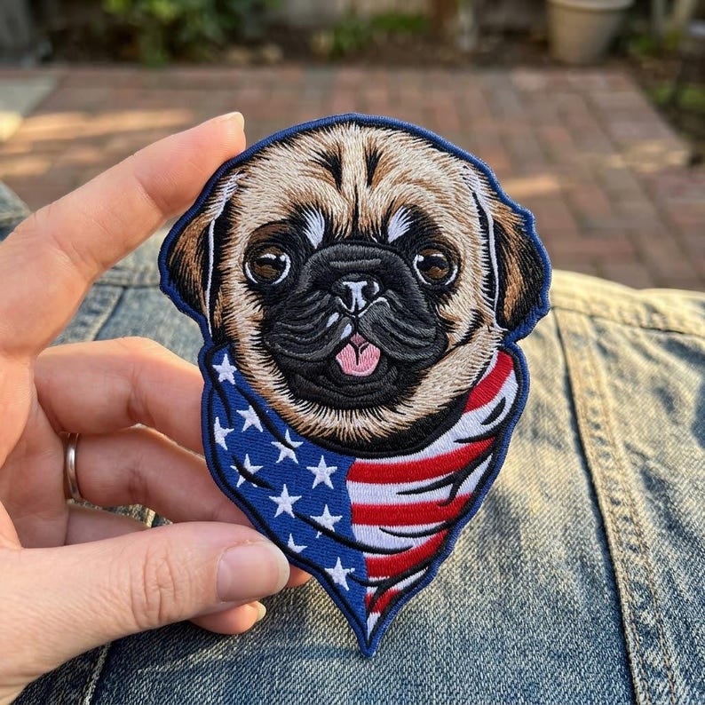 Pug Embroidered Patch – American Flag Bandana Iron-on Jacket, Hat ...