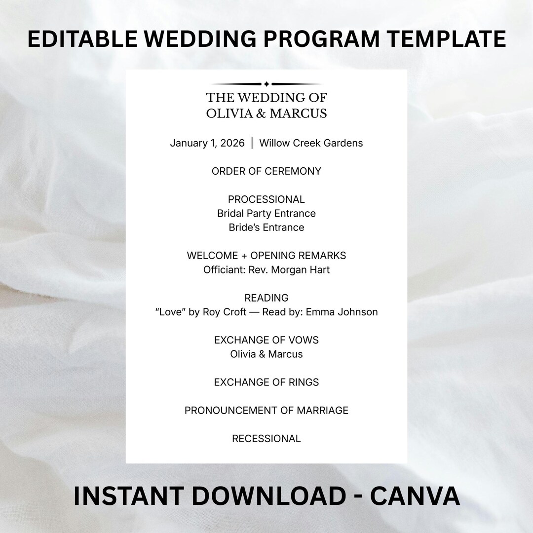 Editable Wedding Program Template, Minimal Ceremony Program, Printable ...