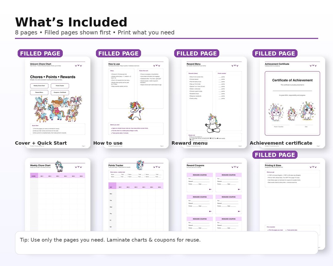 Unicorn Chore Chart for Kids | Reward Coupons, Points Tracker (A4/US ...