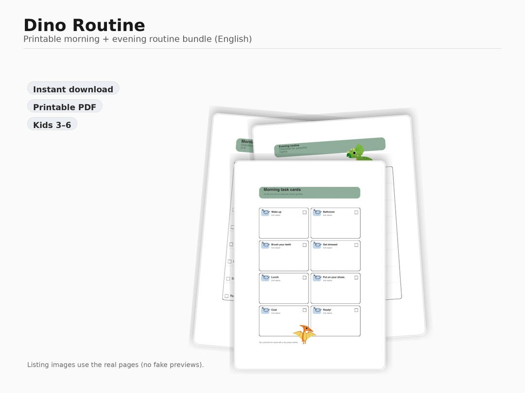 Dino Kids Routine Chart | Morning & Evening Task Cards (PDF Printable ...