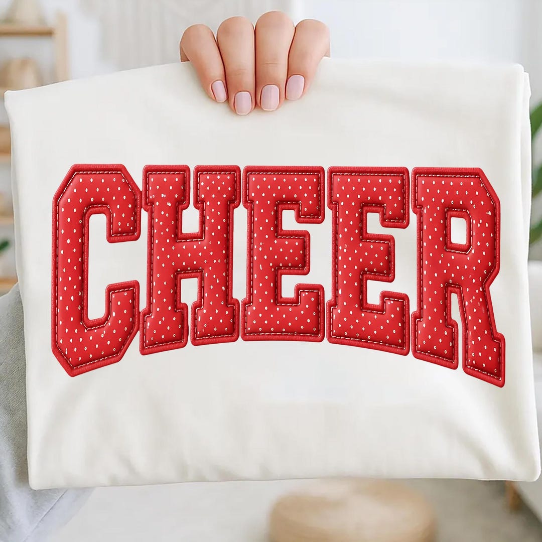 Polka Dot Cheer PNG, Cheer Shirt Design, Faux Embroidered Cheer, Cute ...